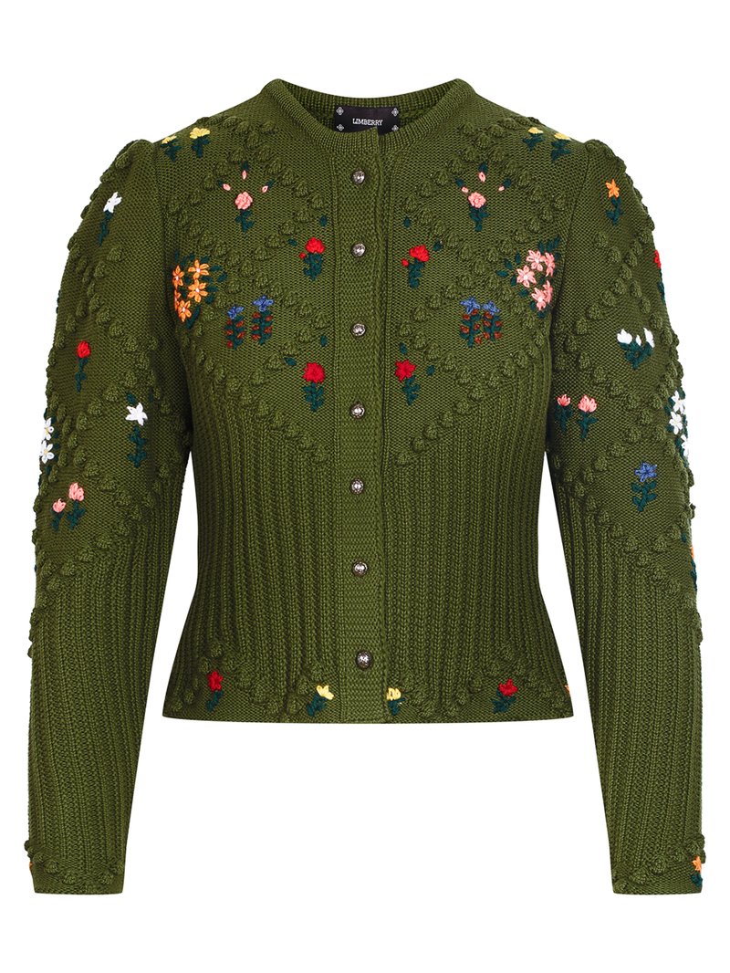 Cremeweiße Strickjacke mit rosa Blumenstickerei | LIMBERRY